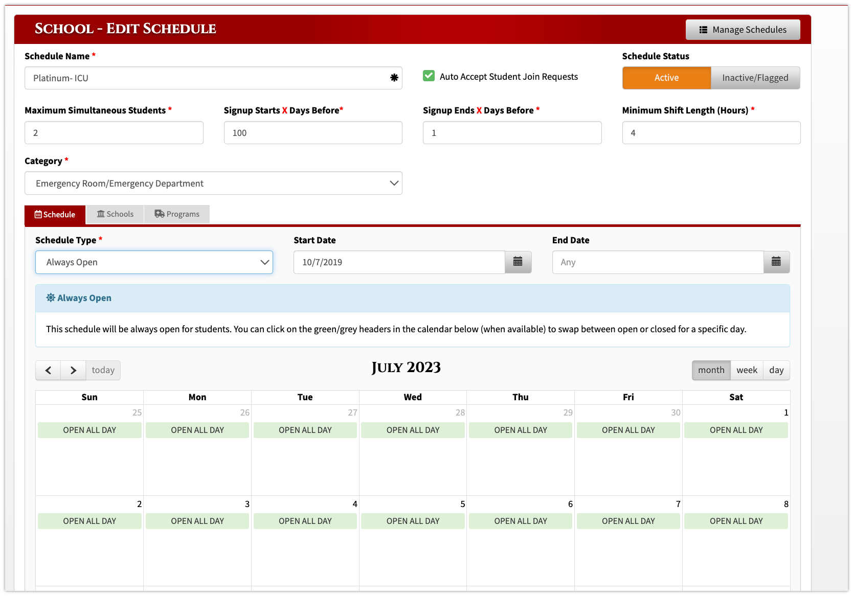 (Clinical Shared Site) Manage Schedules – Platinum Education Knowledgebase